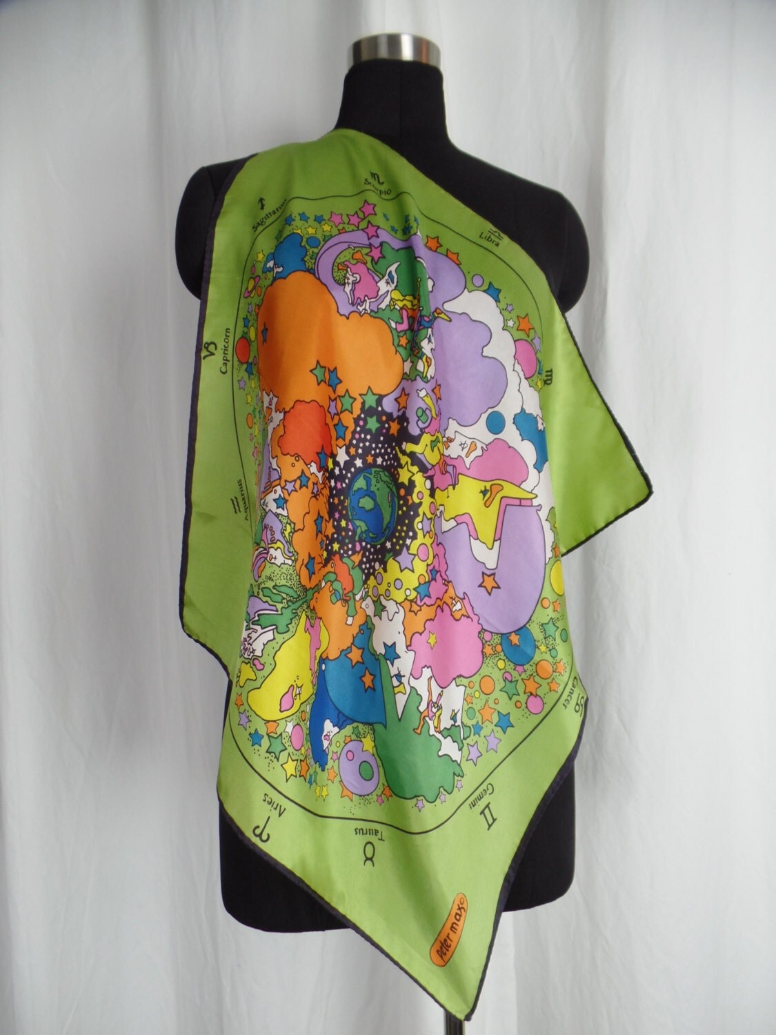 1960s Peter Max lime green Yellow Submarine Beatles Zodiac scarf ...