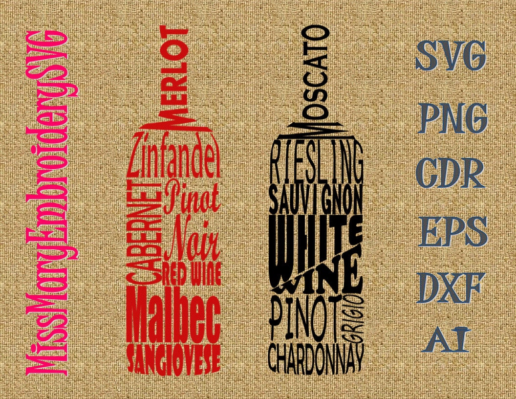 SVG Red White Wine Word Bottles Cutting File DXF AI