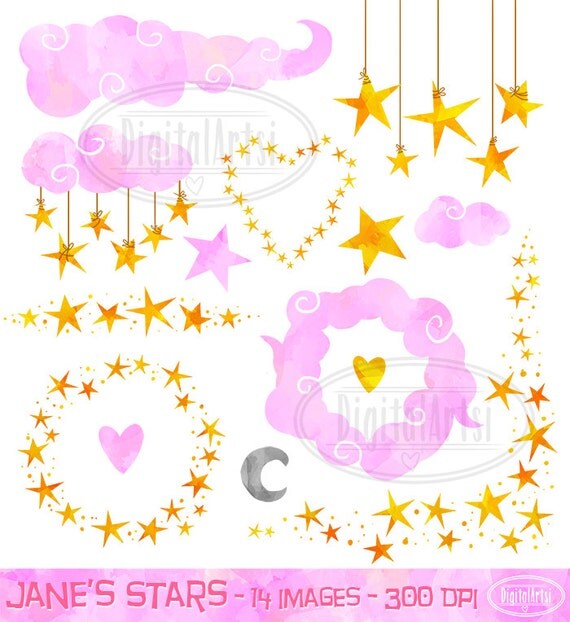 Watercolor Pink Stars and Clouds Clipart Star by DigitalArtsi