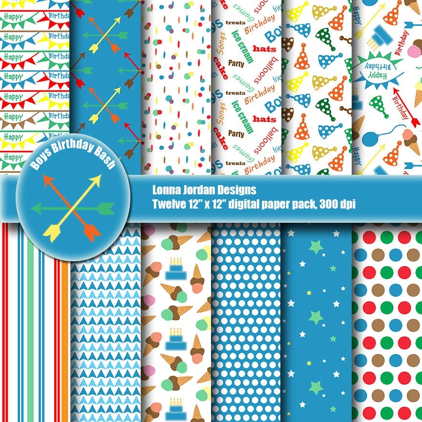 Digital Birthday Scrapbook Paper Boys Blue Background Papers