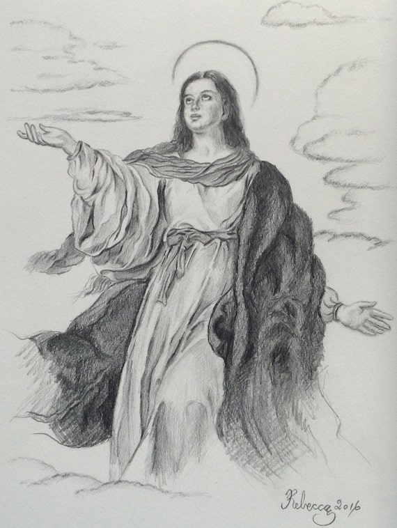 100% Handmade Mother Mary Pencil Drawing Assumption of Mary