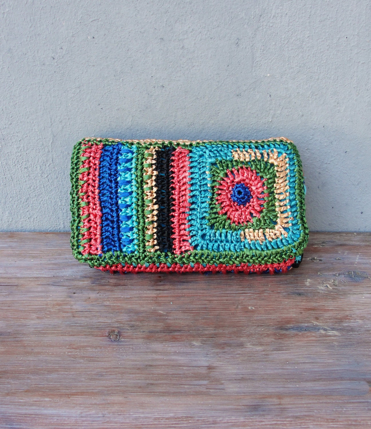 Bohemian Rafia Clutch Purse Wallet Corcheted Rafia by StarBags