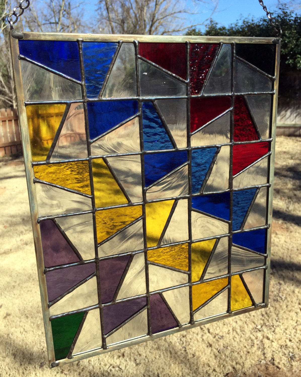 Contemporary Stained Glass Panel Colorful Geometric Ribbons