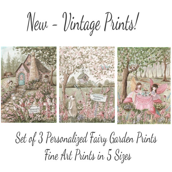 Vintage Fairy Garden Party Set Of 3 Prints All Personalized
