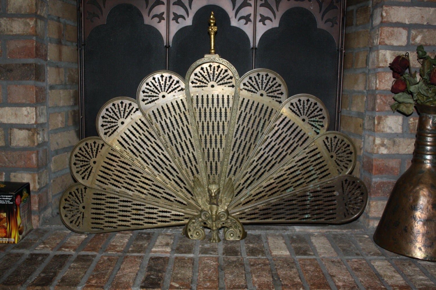 Vintage Ornate Fireplace Screen Brass Gargoyle Griffin Folding Peacock ...