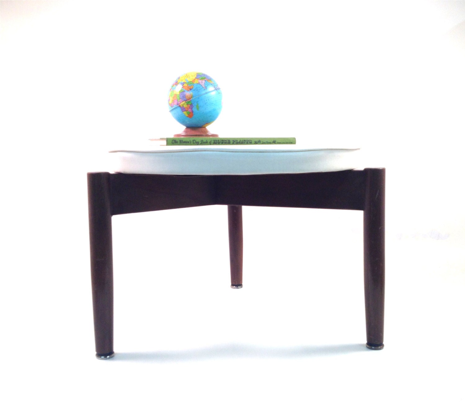 Mid Century Round Footstool Ottoman / White Vinyl / Wood Tripod Legs ...