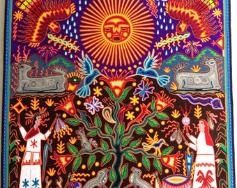 12 Mexican Huichol Sun and Moon Eclipse yarn painting by Aramara