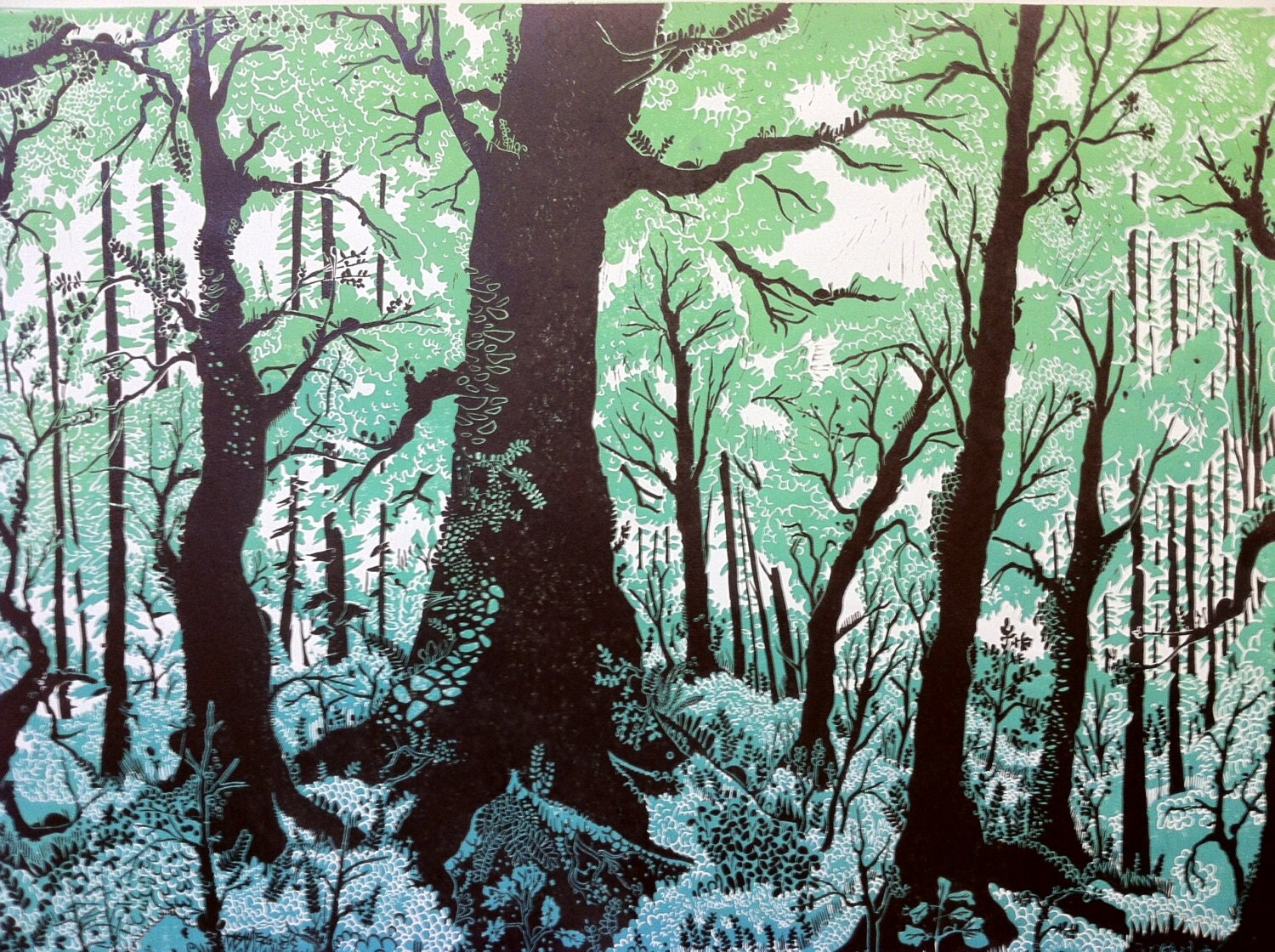 Large Forest Linocut Print Multicolored by empressprints on Etsy