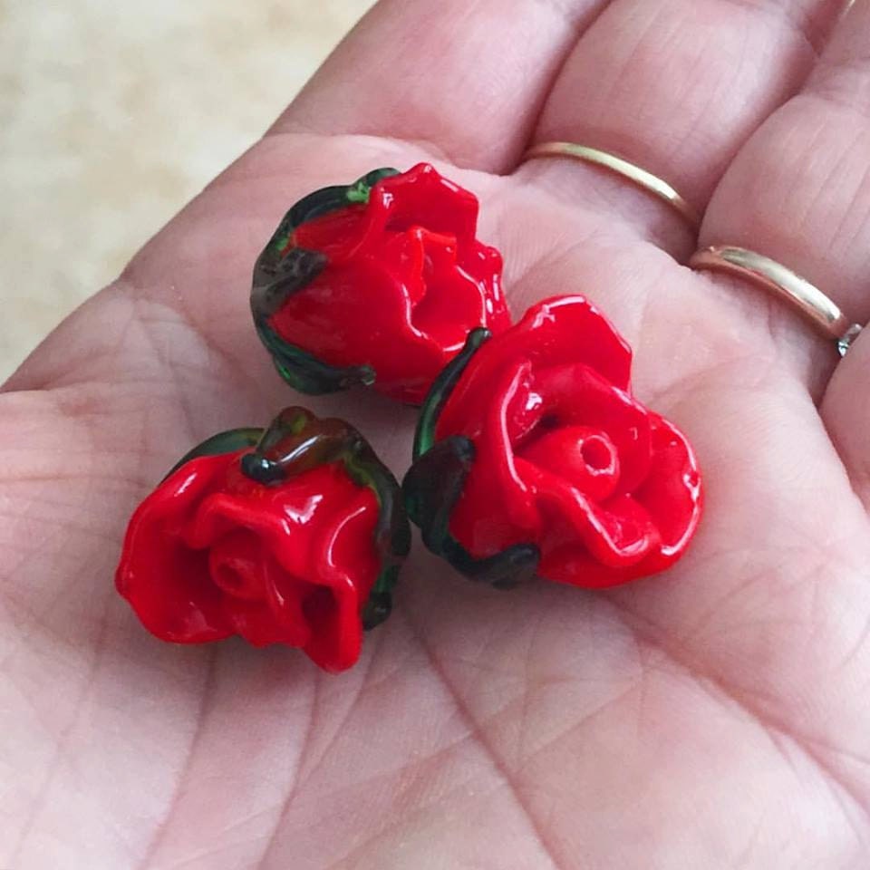 Bud red rose bead Handmade lampwork glass bead Lampwork