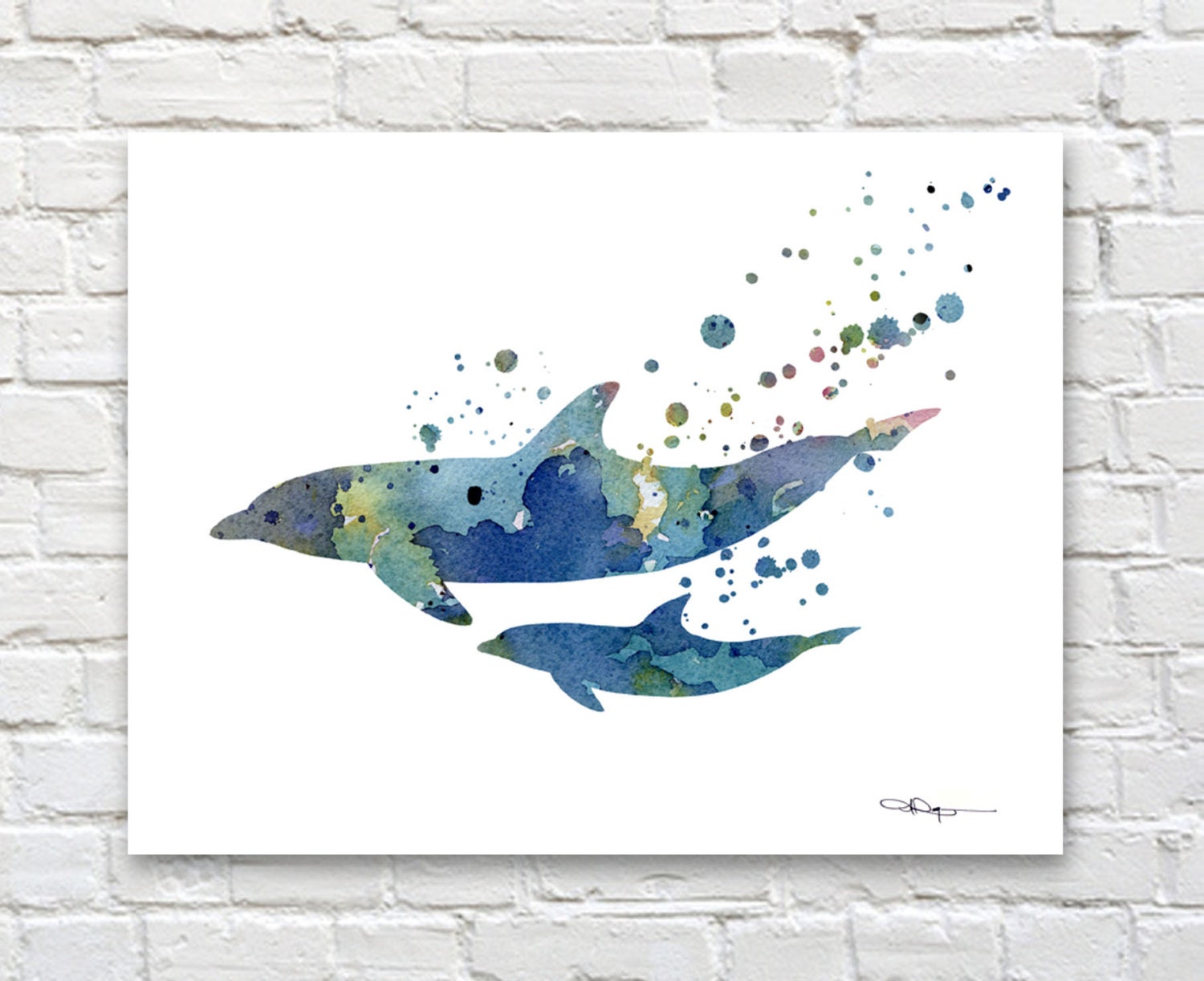 Blue Dolphins Art Print Abstract Watercolor Painting Wall