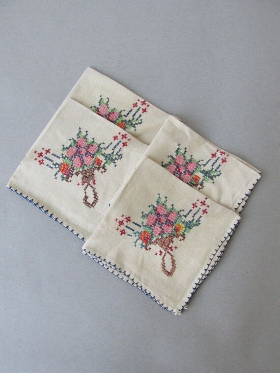 Vintage Cross Stitch Linen Napkins Set Of 4 Linen Cocktail vintage-cross-stitch-linen-napkins-set-of-4-linen-cocktail