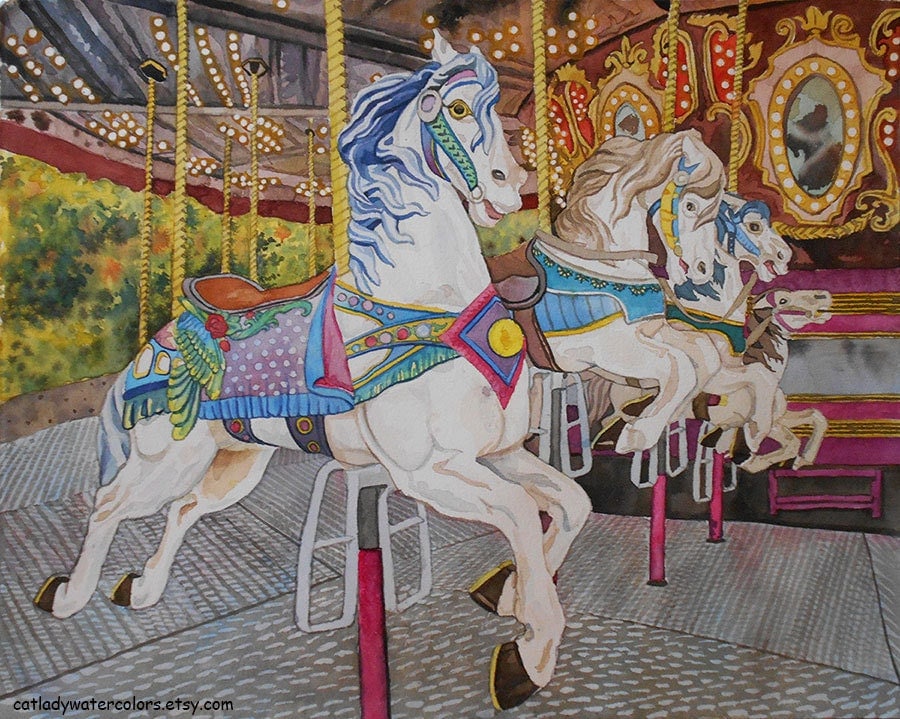 Water Color : Original Carousel Watercolor Painting. White