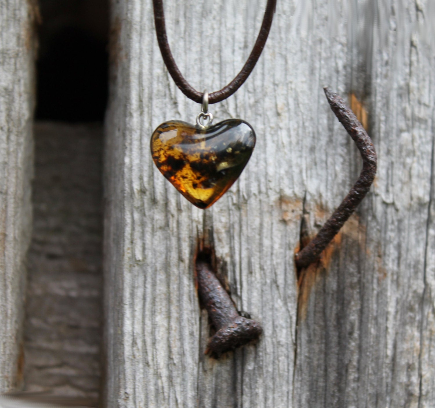 Honey Amber Heart Pendant Necklace Yellow Amber Charm Hand