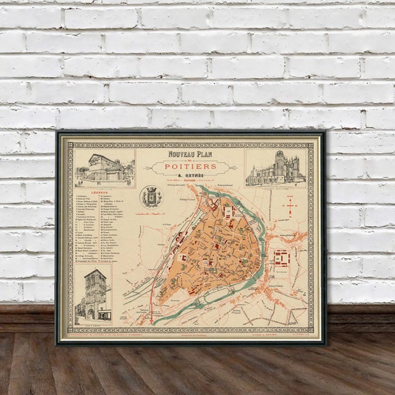 Map of Poitiers Old city map archival reproduction Plan de