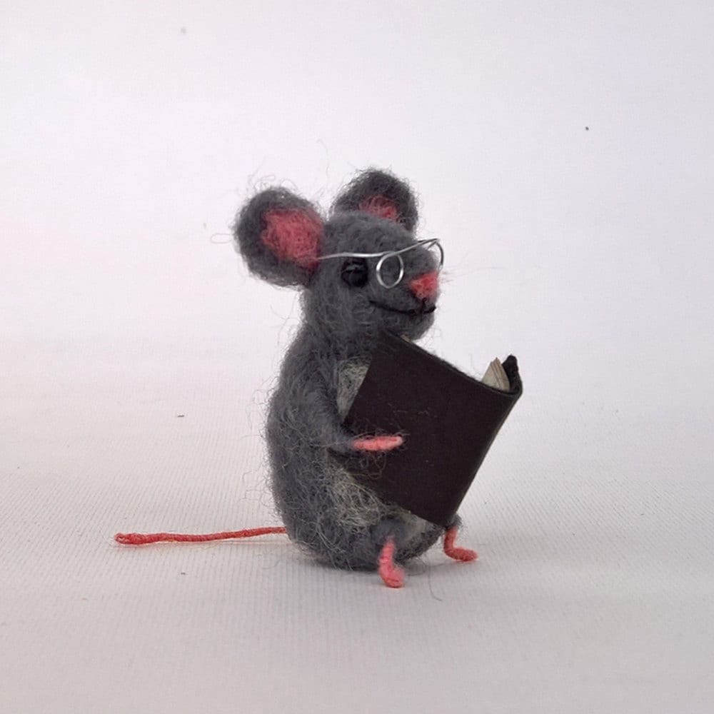 Felted Miniature mouse reading book Back to school Grey mouse