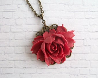 Red Rose Necklace Red Flower Pendant Resin Floral Jewellery