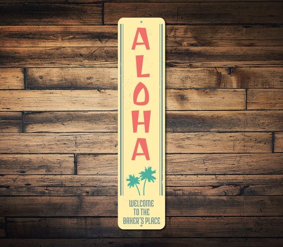 Aloha Palm Trees Vertical Sign Custom Family Name Welcome