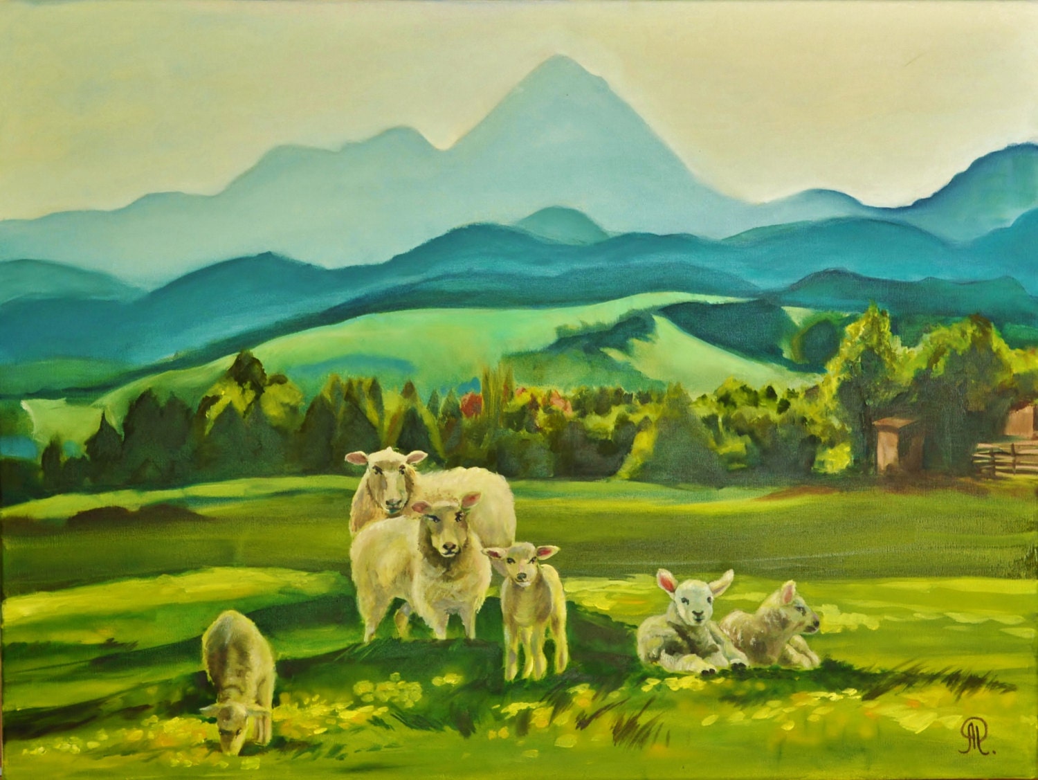 Lamb art sheep painting fine art landscape mountain art