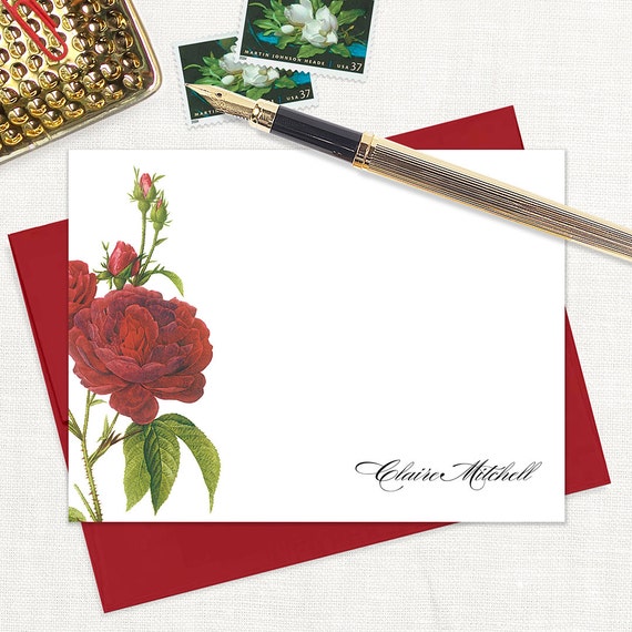 personalized flat note cards DARK RED ROSES set of 12