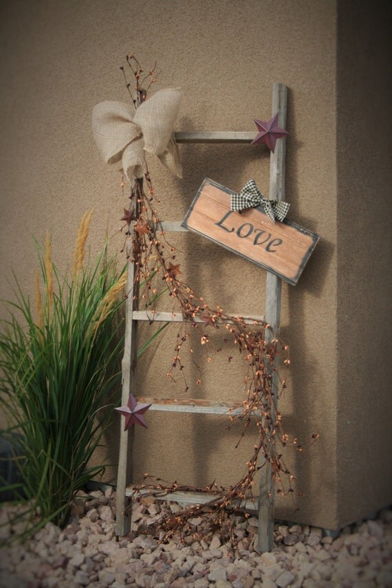 Items similar to Primitive ladder decor gingham bow rustic ladder decor ...