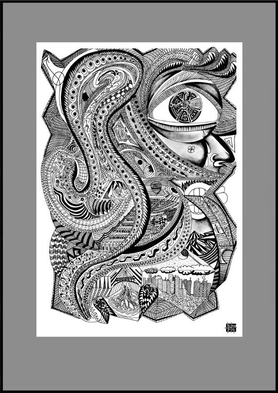 Detailed Abstract Face Drawing Print Intricate Portrait of