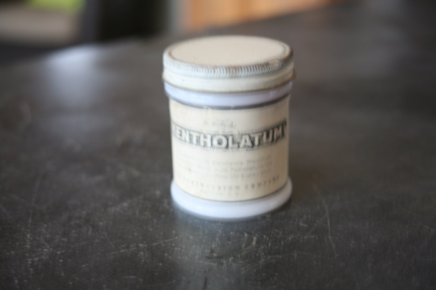 Vintage Mentholatum Jar Old Milk Glass with Paper Label Tin