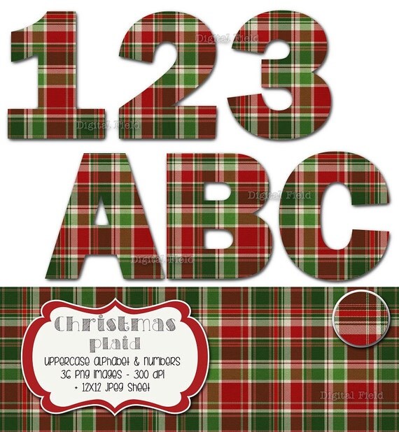 Items similar to Christmas plaid uppercase alphabet and number clip art set - red & green ...