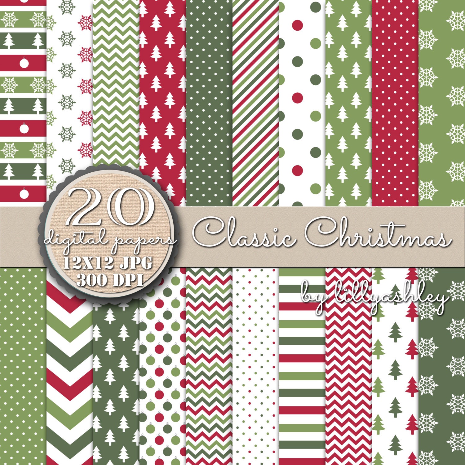 Christmas Digital Paper Pack of 20 Classic