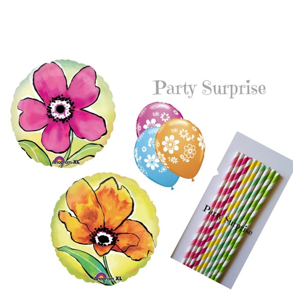 Flower Balloons with Straws Hawaiian Luau Tropical Pool Garden