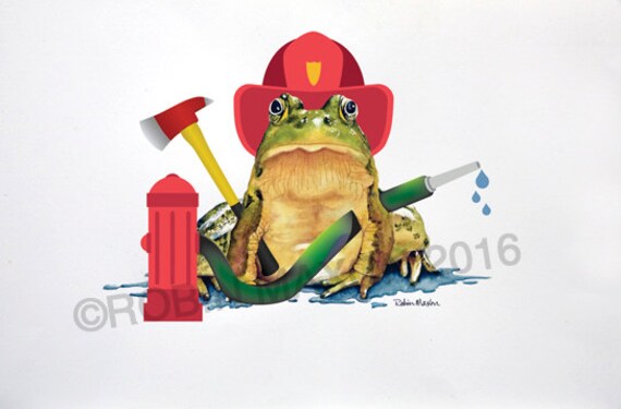 Items similar to Fireman Attitude Frog watercolor print by Robin Maxon ...