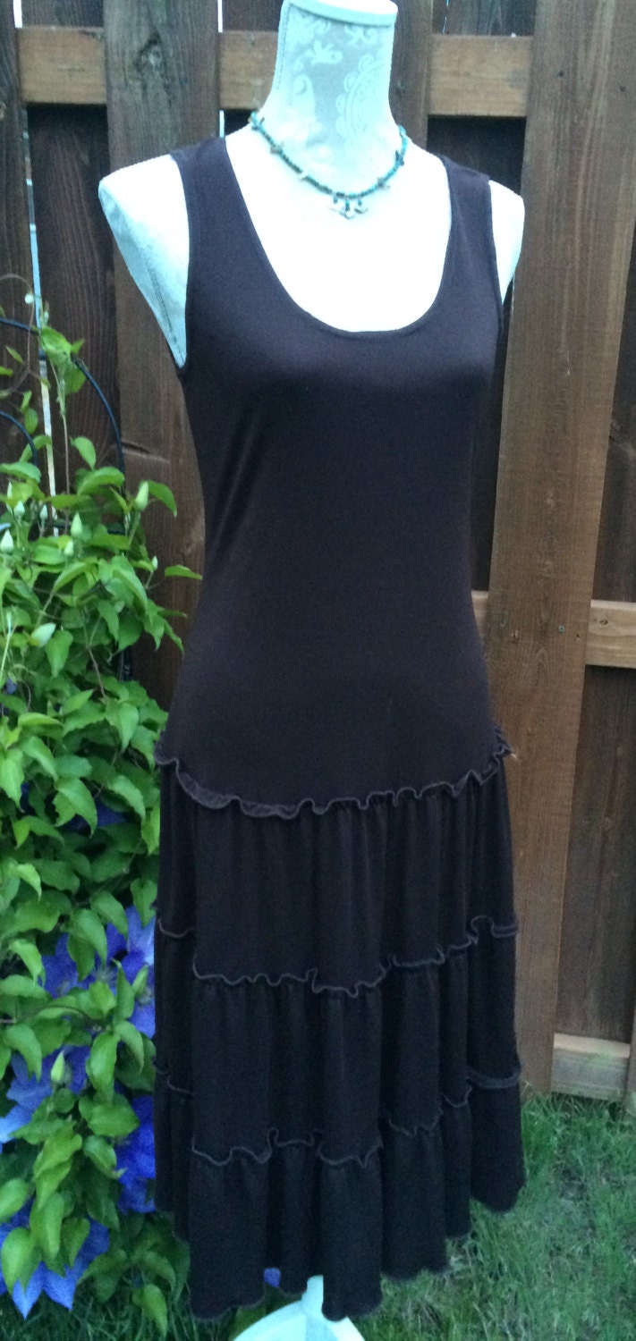 Vintage Brown Polyester Dress with Tiered Skirt Size 10