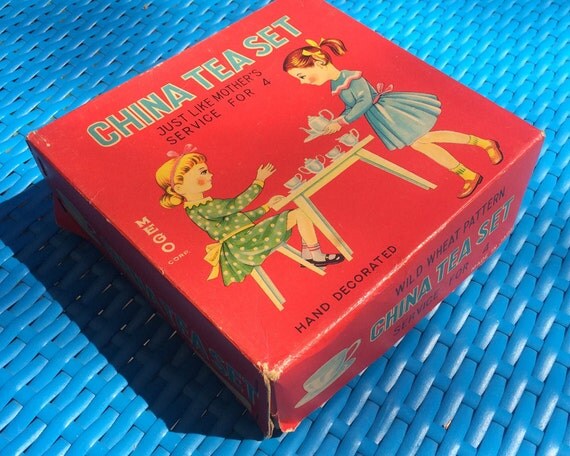 Child's China Tea Set in Original Box with Wild Wheat