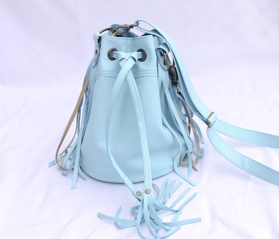 Items similar to Baby Blue Soft Leather Bucket Bag with Fringe ...