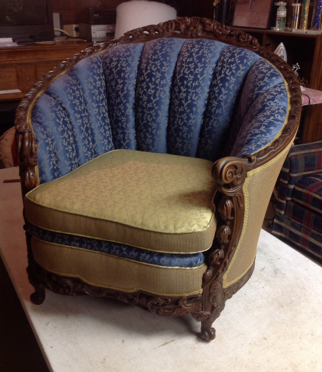 SOLD Blue and Gold Channel Back Arm Chair – Haute Juice