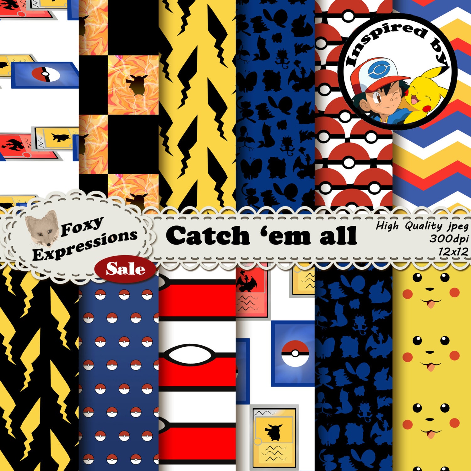 Catch 'em all digital paper inspired by Pokemon Designs