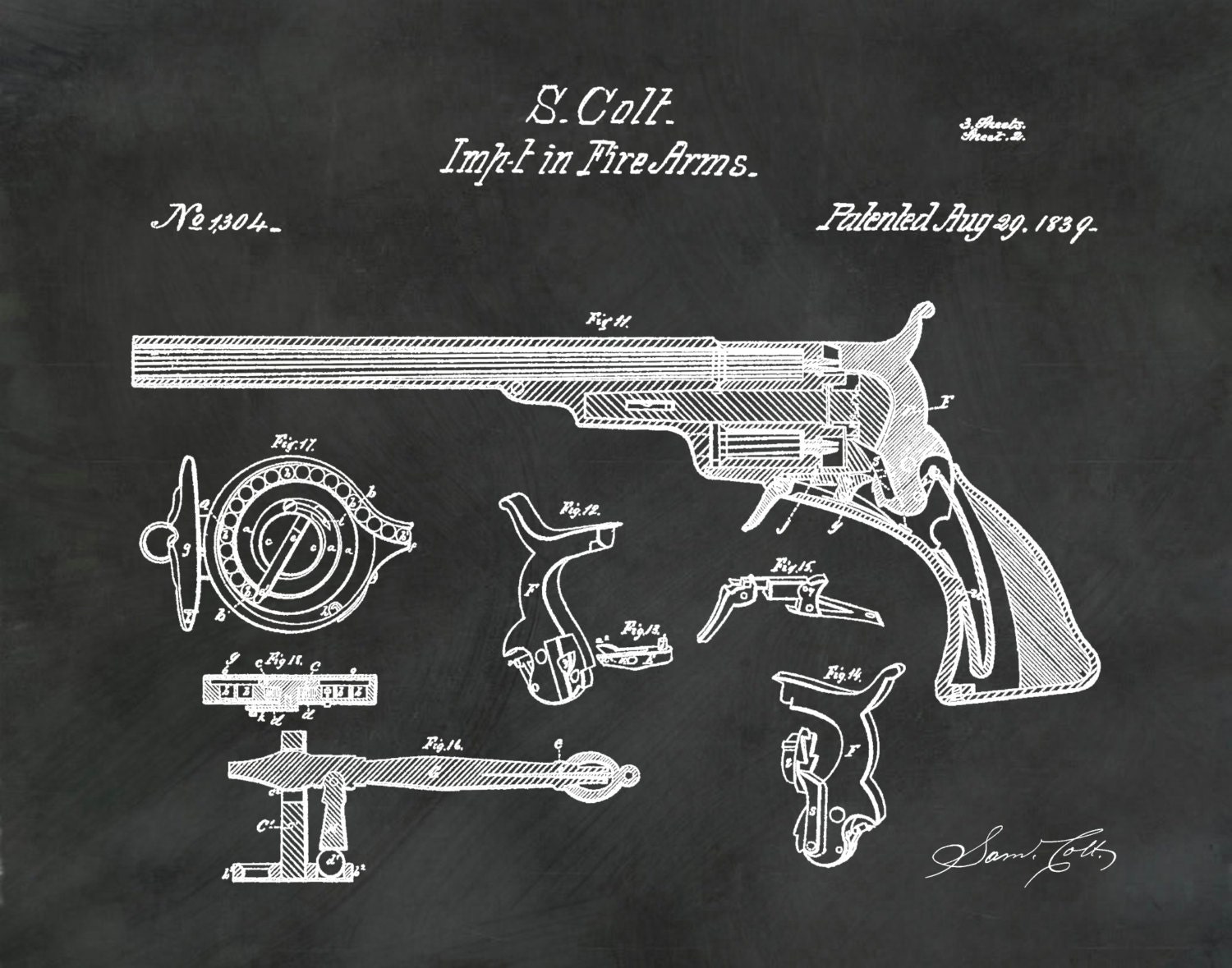 Patent 1839 Colt Revolver Invented by Sam Colt - Fire Arms Wall Art ...