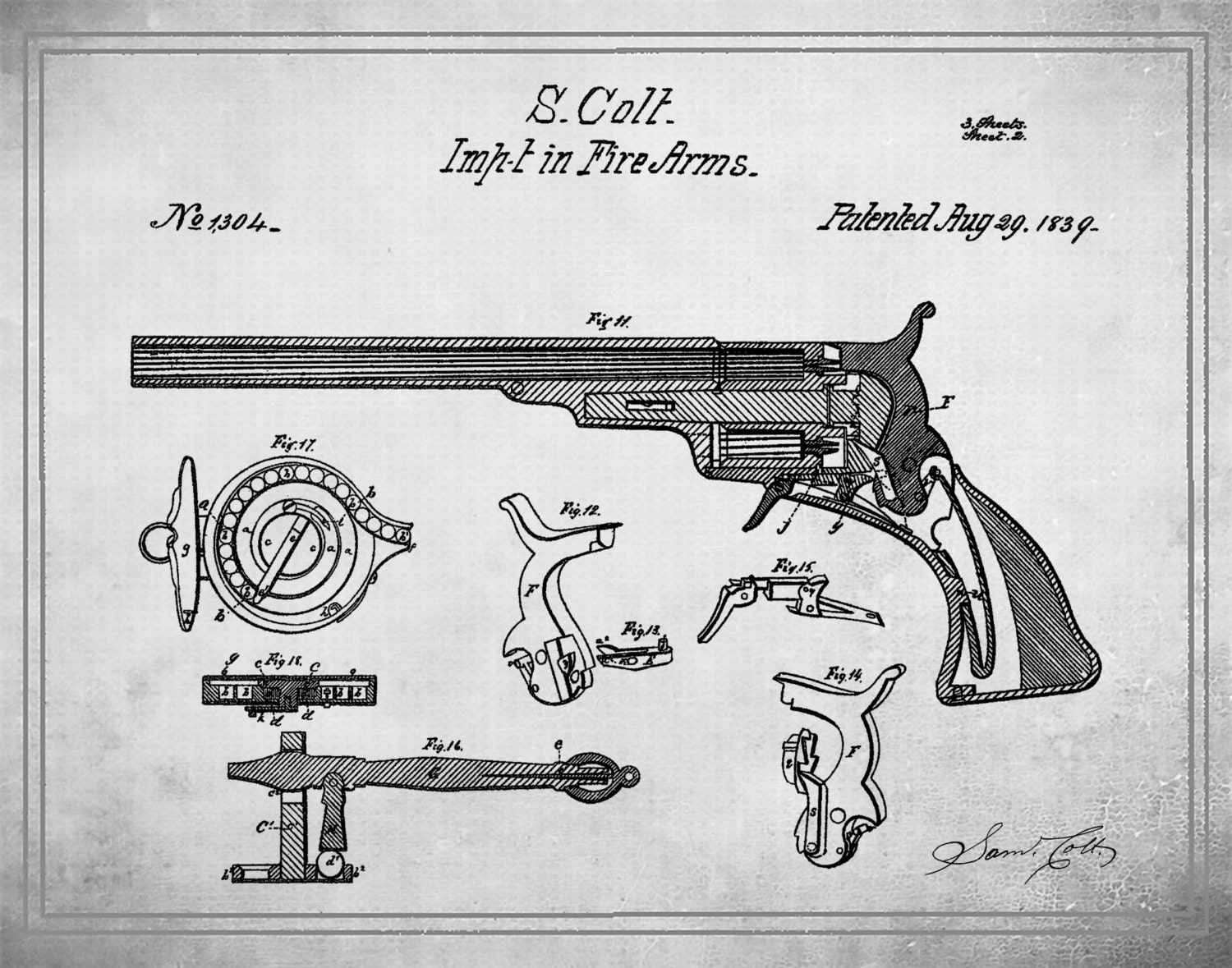 Patent 1839 Colt Revolver Invented by Sam Colt - Fire Arms Wall Art ...