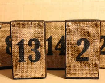 Items similar to Set of 9 Wood & Burlap Rustic Country Wedding Table ...