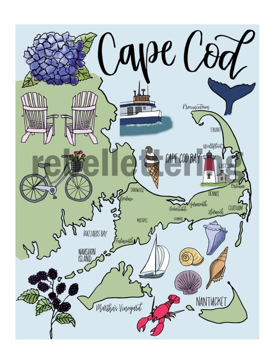 Cape Cod Illustrated Map Drawings Calligraphy print
