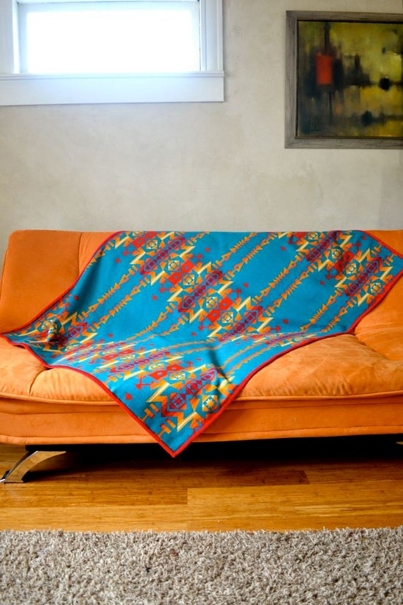 Wool Blanket Native American Design in Turquoise Blue Orange