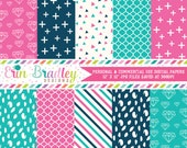 Items similar to Digital Paper Pack in Pink Navy and Blue Diamond Cross ...
