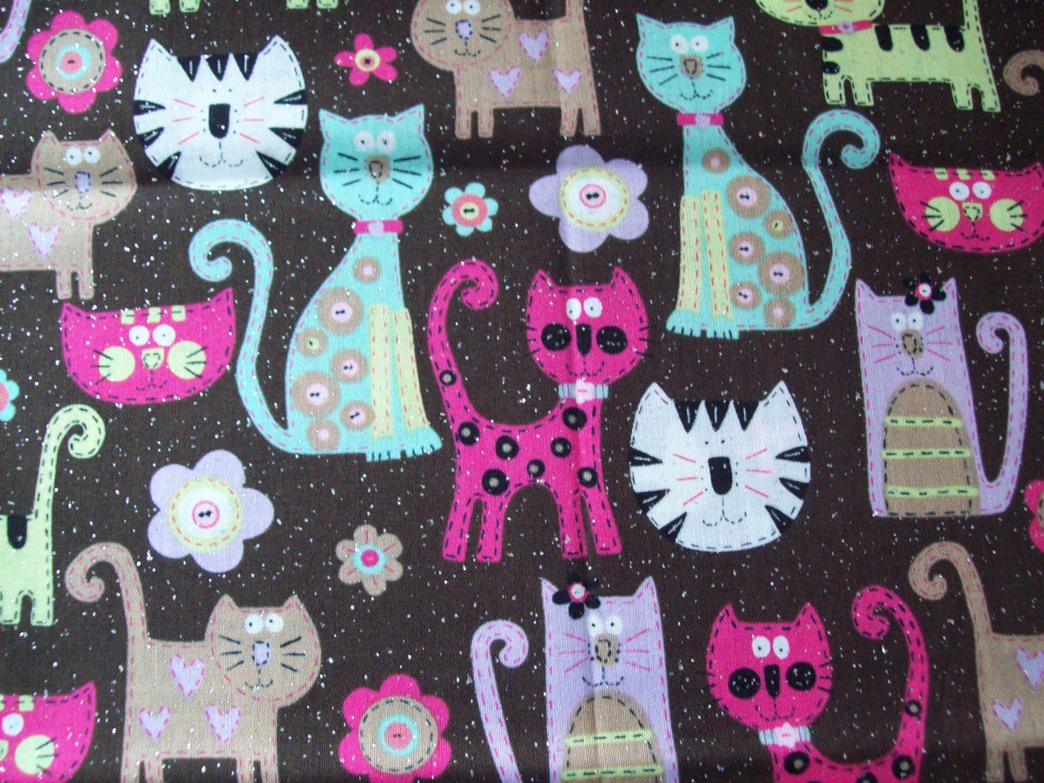 Cat Fabric Glitter Metallic Cotton Fabric Whimsical Cats