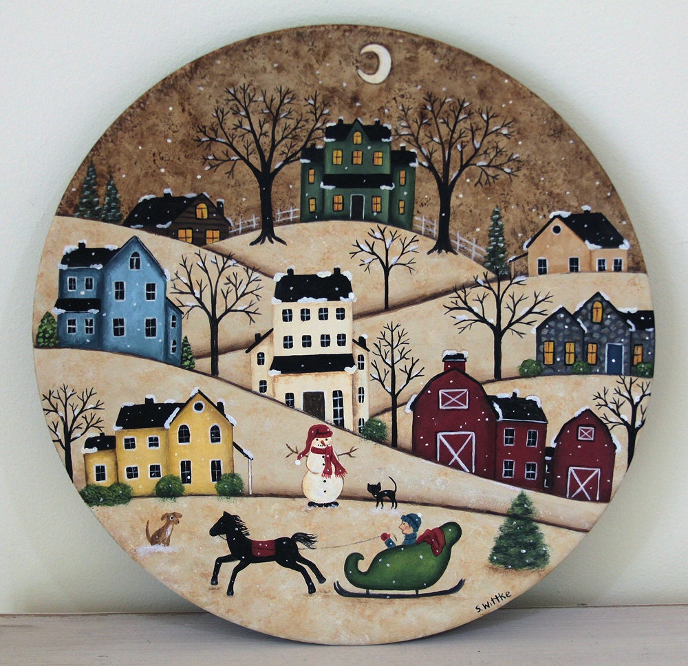 Winter Folk Art Painting Primitive Wood Plate by RavensBendFolkArt
