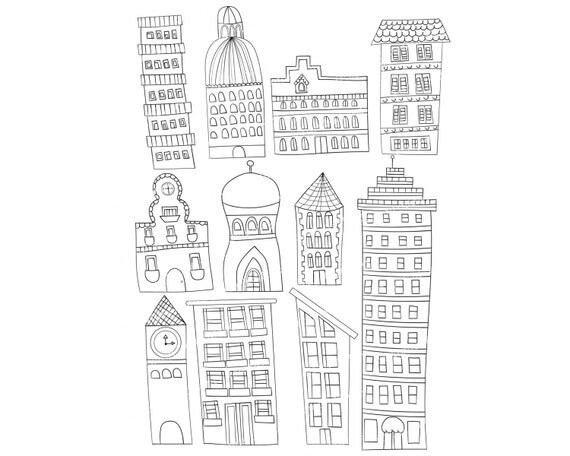 Set of 11 Doodle Buildings City Graphics Clipart Images