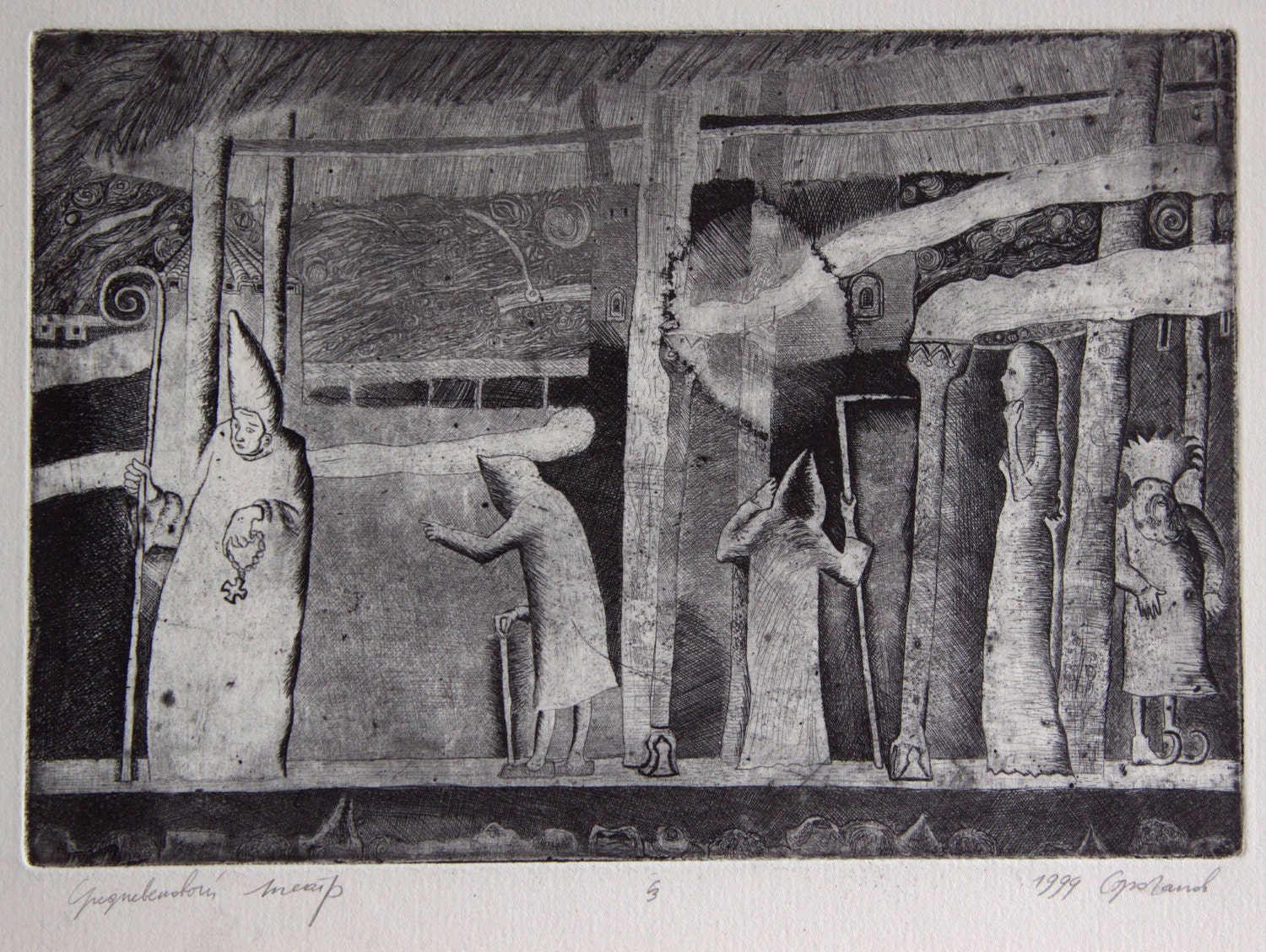 Medieval theater Original Etching by Leonid by ArtEgoGallery