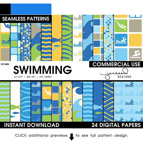 Swimming Scrapbook Paper Pool Digital Paper Summer