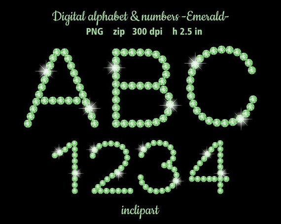 Green Emerald letters numbers symbols clipart. Emerald