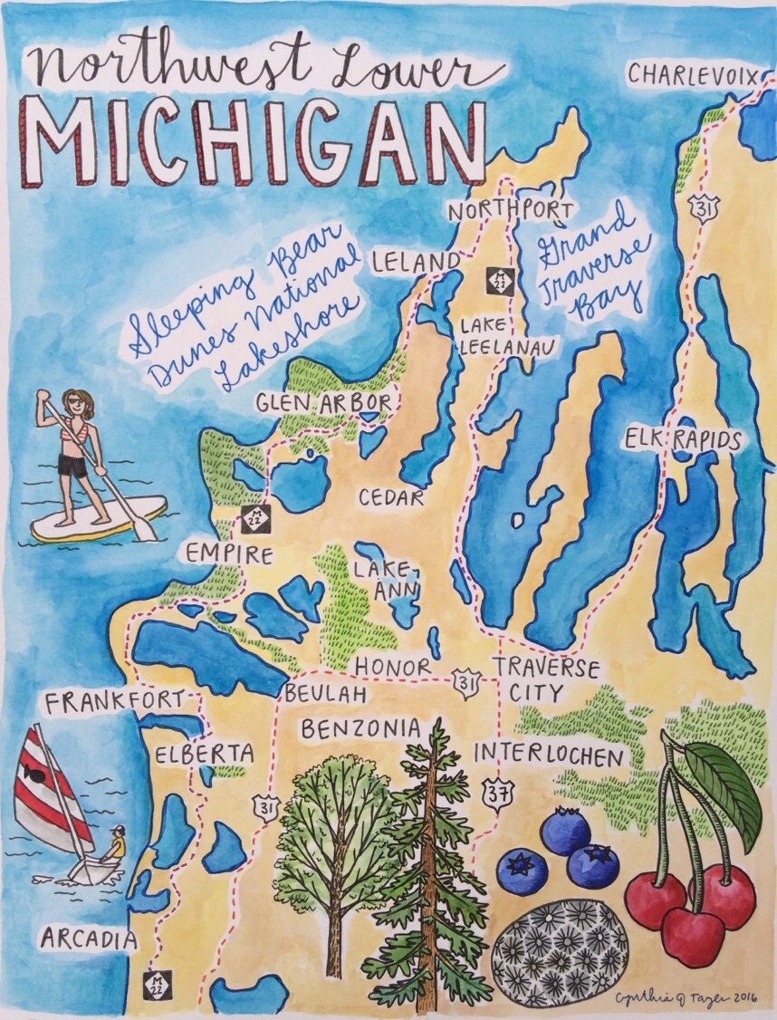 Northwest Lower Michigan Map Print 11 x 14 by cynthiataylorstudio