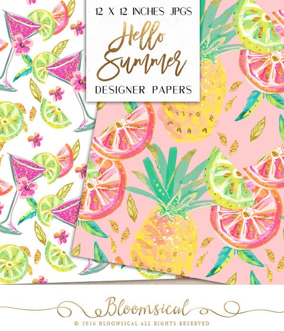 Summer Digital Papers Tropical Pineapple Lemon Oranges