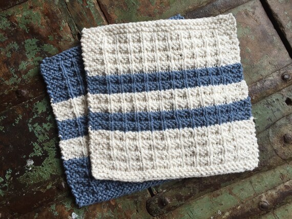 Blue Stripe Cotton Knitted Dish Cloth Cotton by ItsJustMyHobby